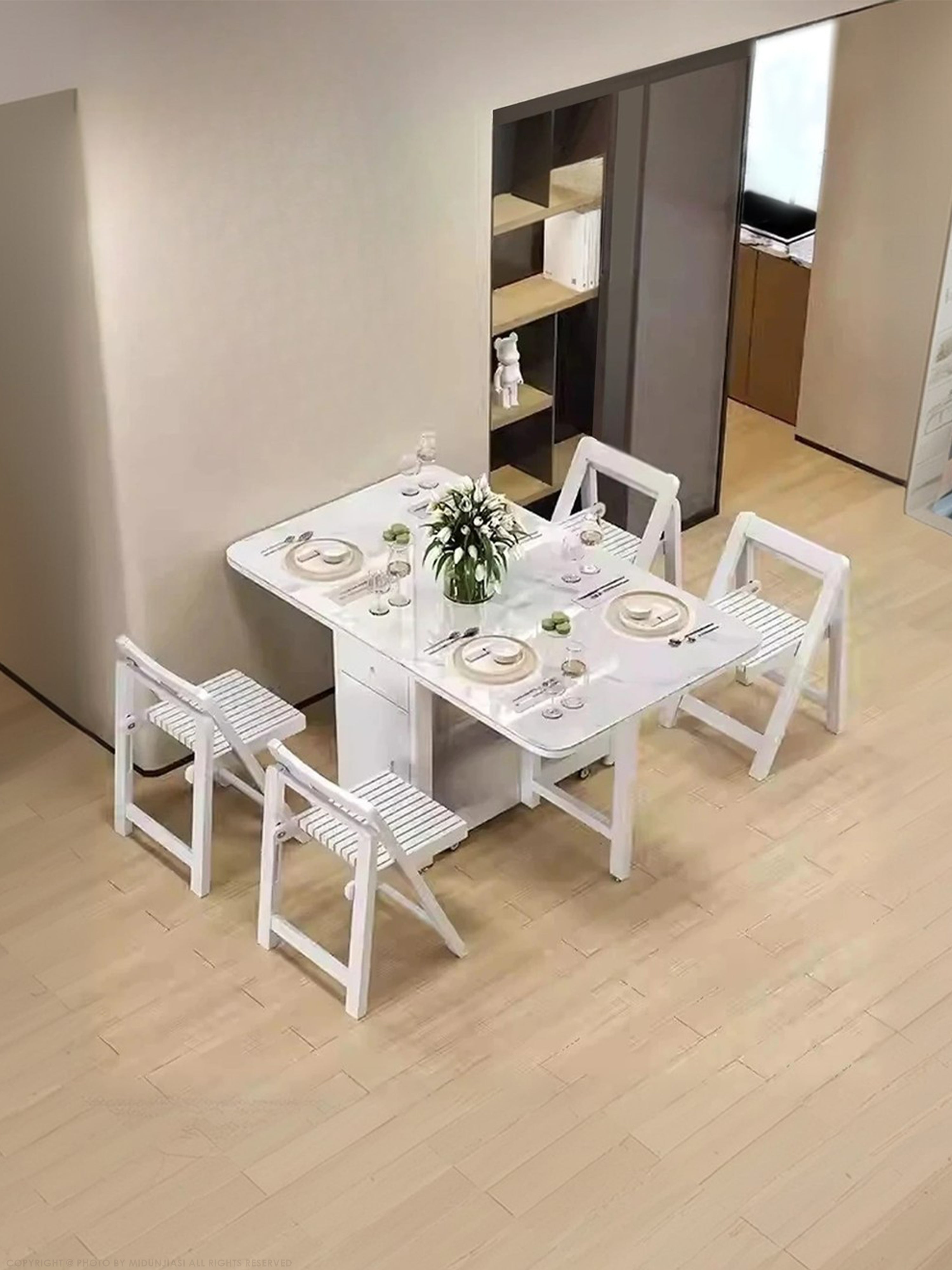 Foldable Dining Table with Marble Top and Built-in Chairs